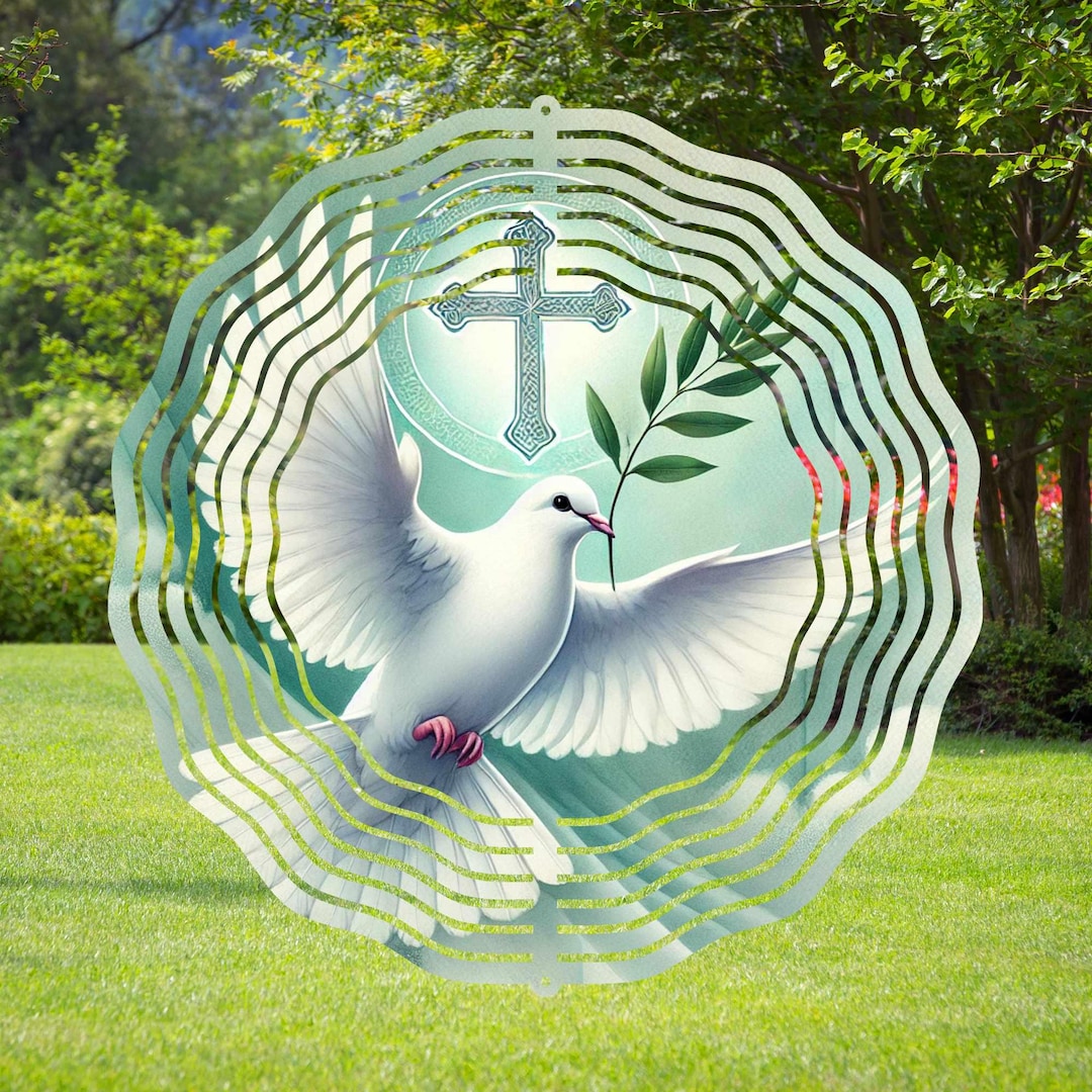 Dove Bird With Olive Branch, Cross and Peaceful, Religious Wind Spinner ...