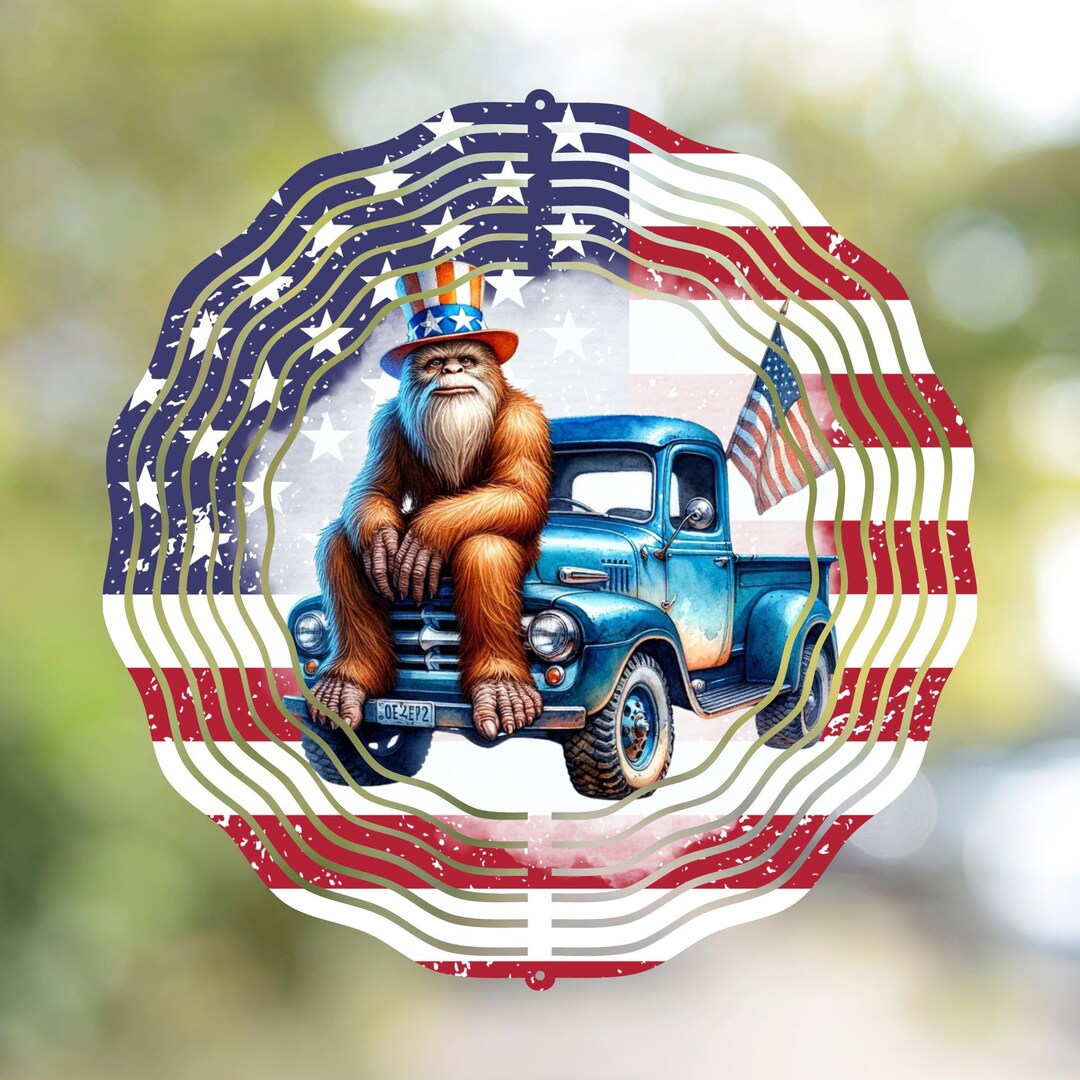 Bigfoot With USA Flag and Hat, Wind Spinner, Sasquatch Patriotic ...