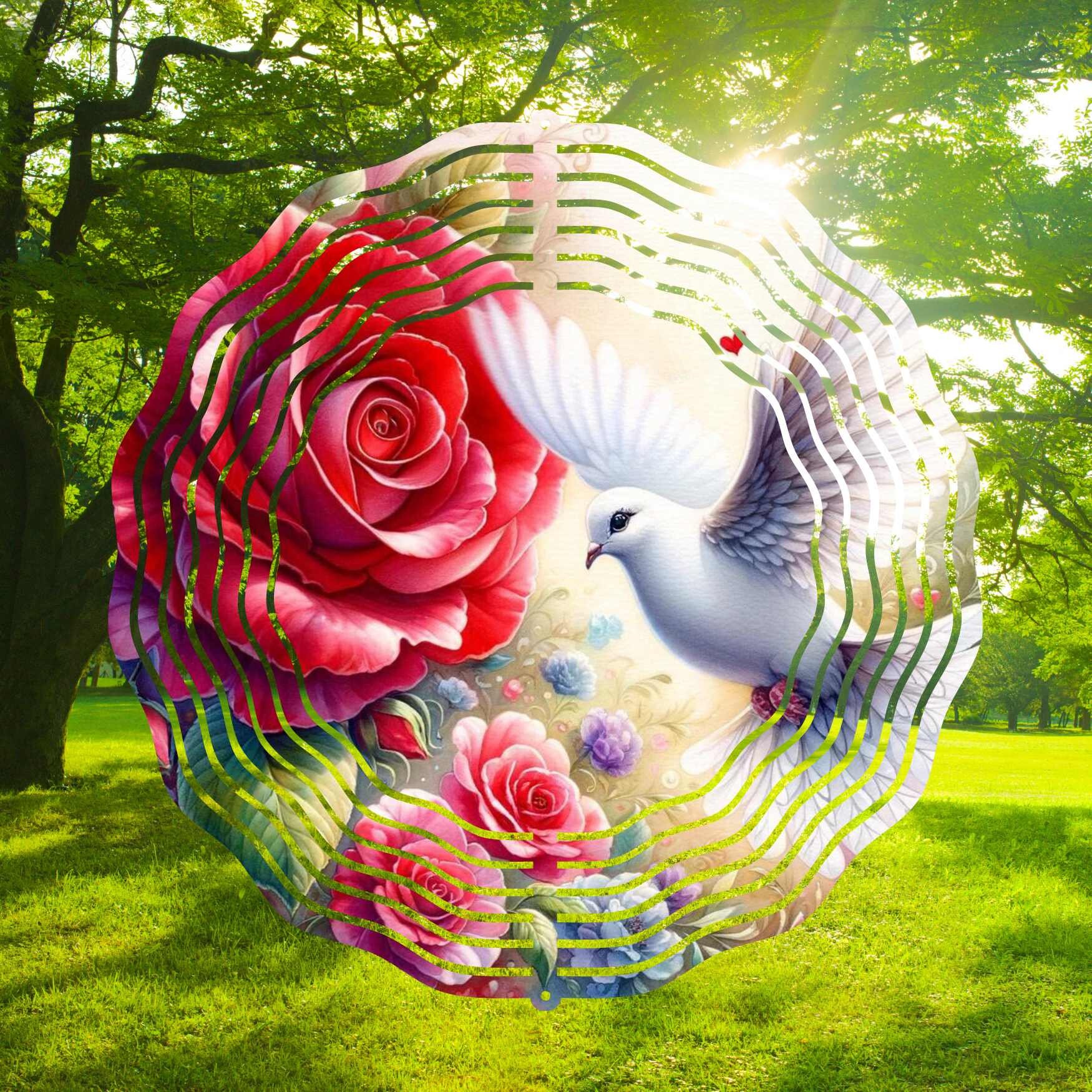 Dove Bird Red Rose Flower, Watercolor, Sublimation Wind Spinner Designs ...