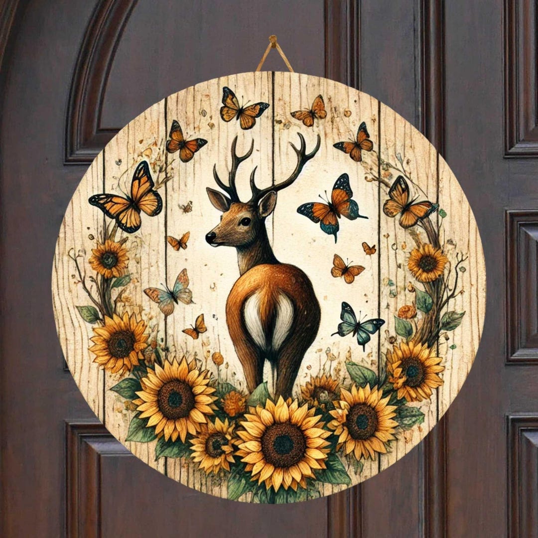 Wooden Funny Deer Animal Welcome Sign Hanging Door, Sunflower and ...