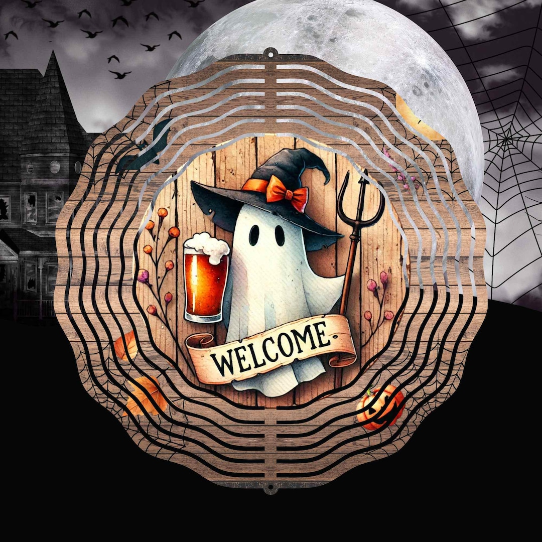 Funny Welcome Ghost Drinking Beer Halloween, Wind Spinner Designs ...