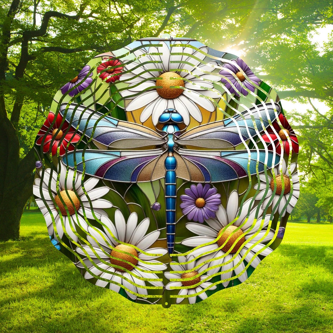 Dragonfly Daisies Flower, Stained Glass, Wind Spinner, Sublimation ...