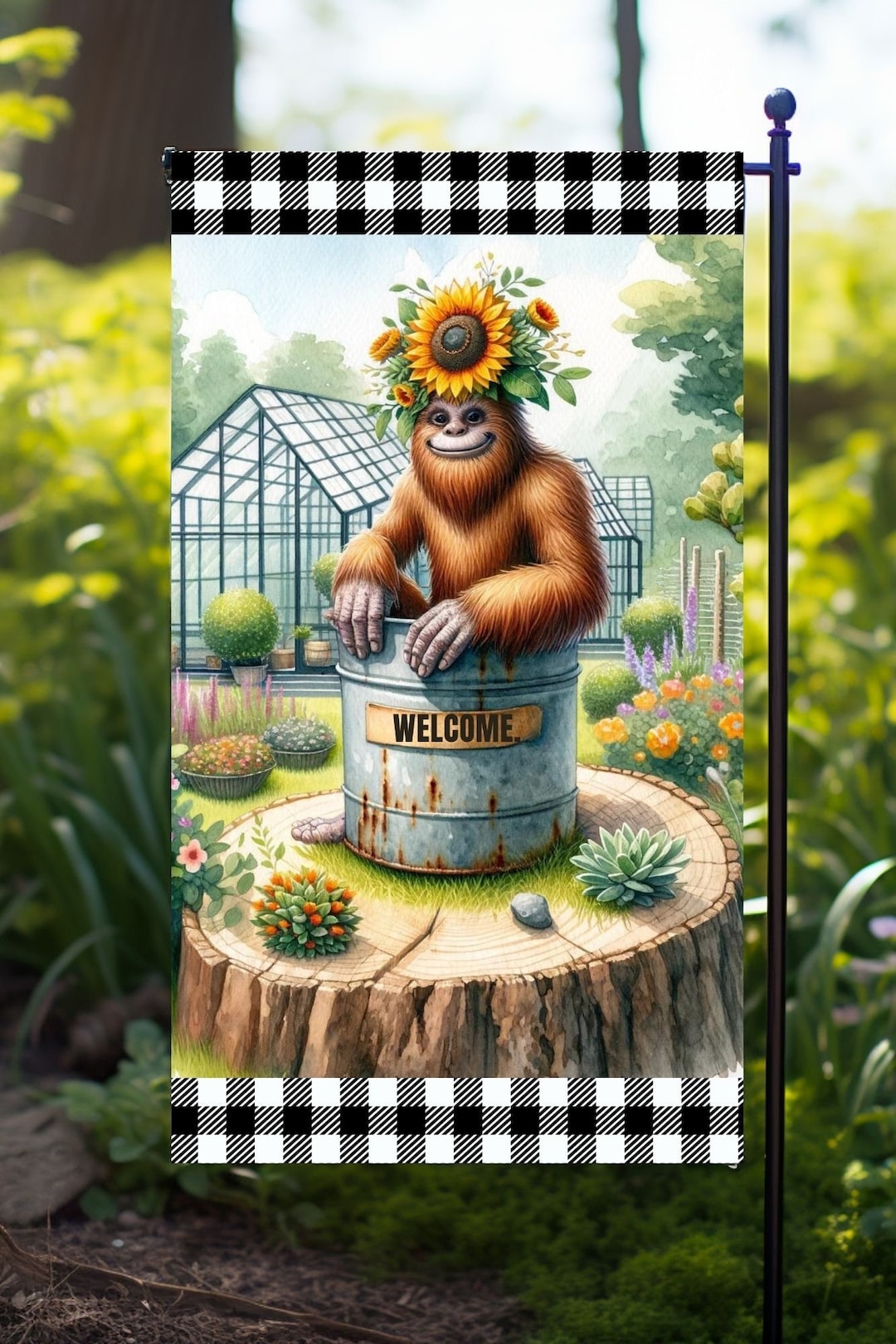 Bigfoot Sunflower Crown, Garden Flag, Sasquatch in Flower Pot, Funny ...