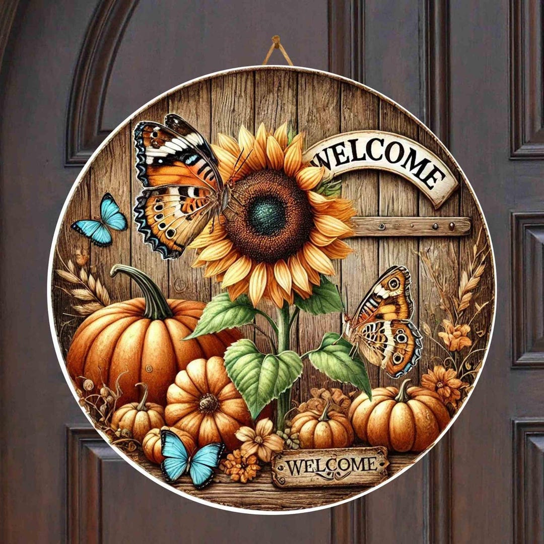 Sunflower and Butterfly Welcome Fall Round Door Hanger Vintage, Welcome ...