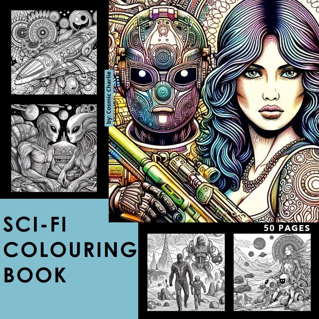 60 Sci-fi Coloring Pages Cosmic Galactic, Coloring Book, Fun Adult Coloring Sheets, Greyscale ...