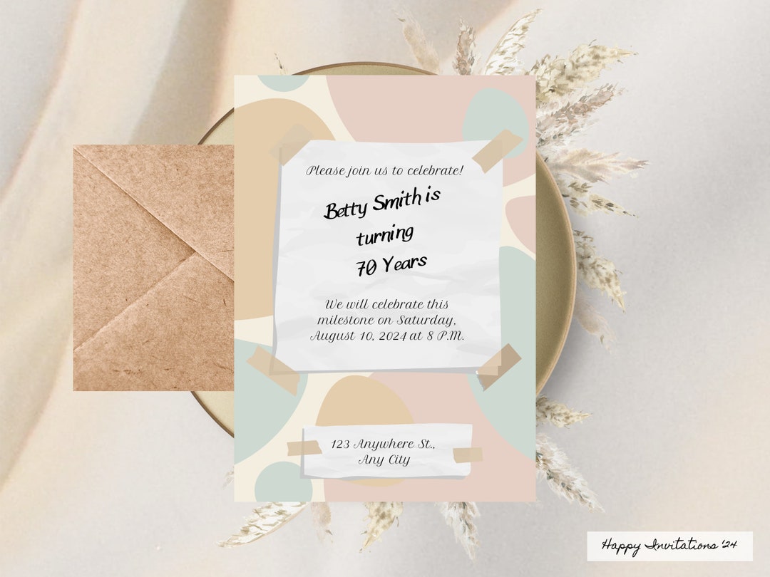 70th Birthday Invitation Beige Printable Invite Pastel Shades Instant ...