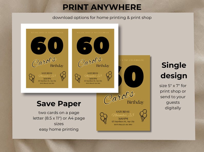 Editable 60th Birthday Invitation, Gold and Black, Printable Invite ...