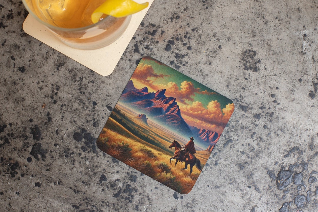 Cork-back Cowboy Coaster, Wild West Coaster, Western Scene Coaster ...