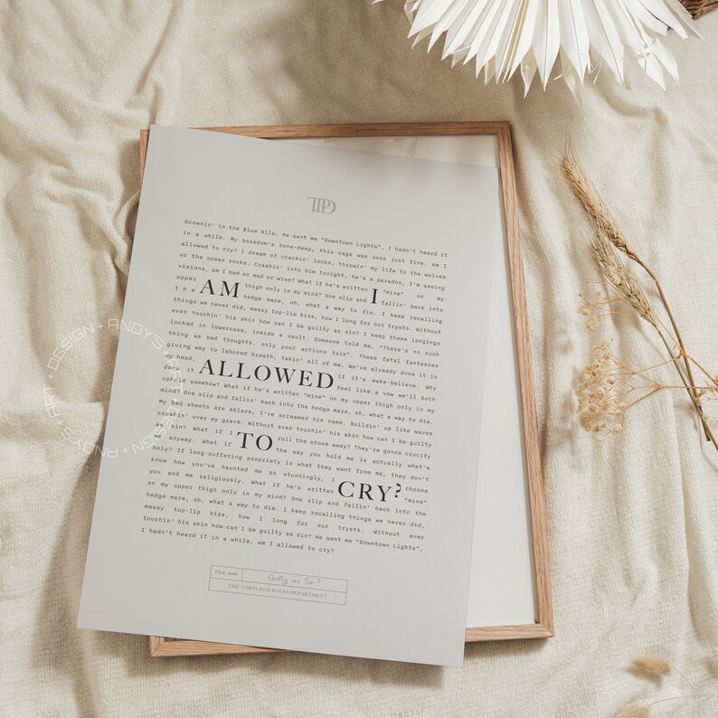 Guilty as Sin Lyric Printable Poster, the Tortured Poets Department ...
