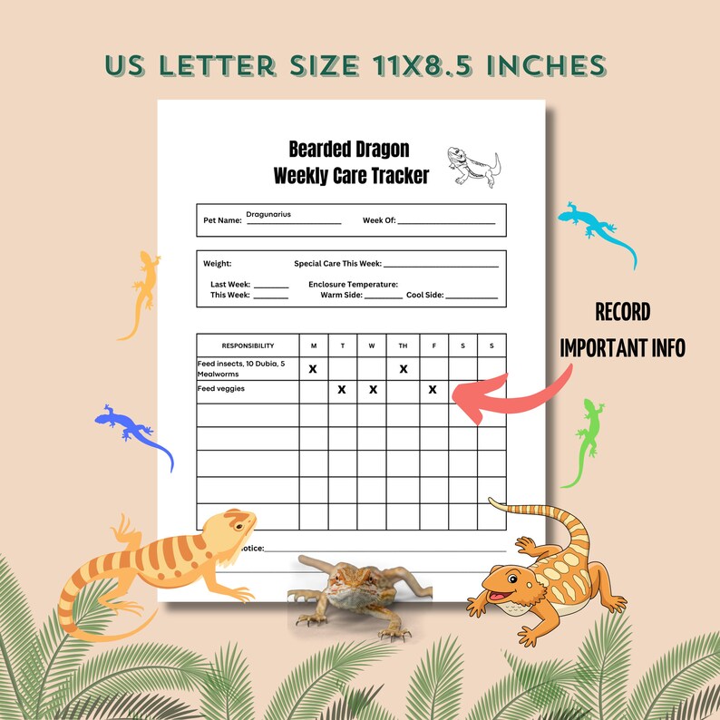 Bearded Dragon Weekly Care Tracker, Instant Download Reptile Log ...