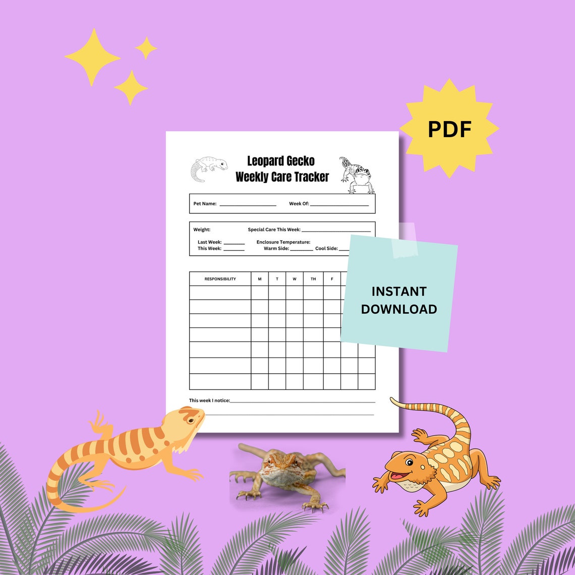 Leopard Gecko Weekly Care Tracker, Instant Download Reptile Log ...