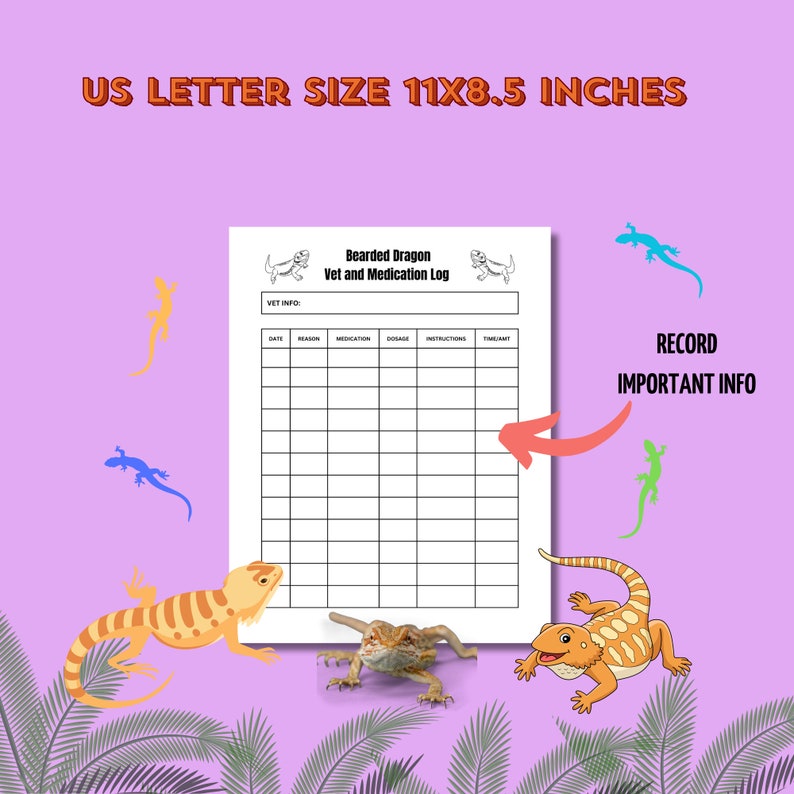 Bearded Dragon Vet and Medication Log, Instant Download Reptile Log ...