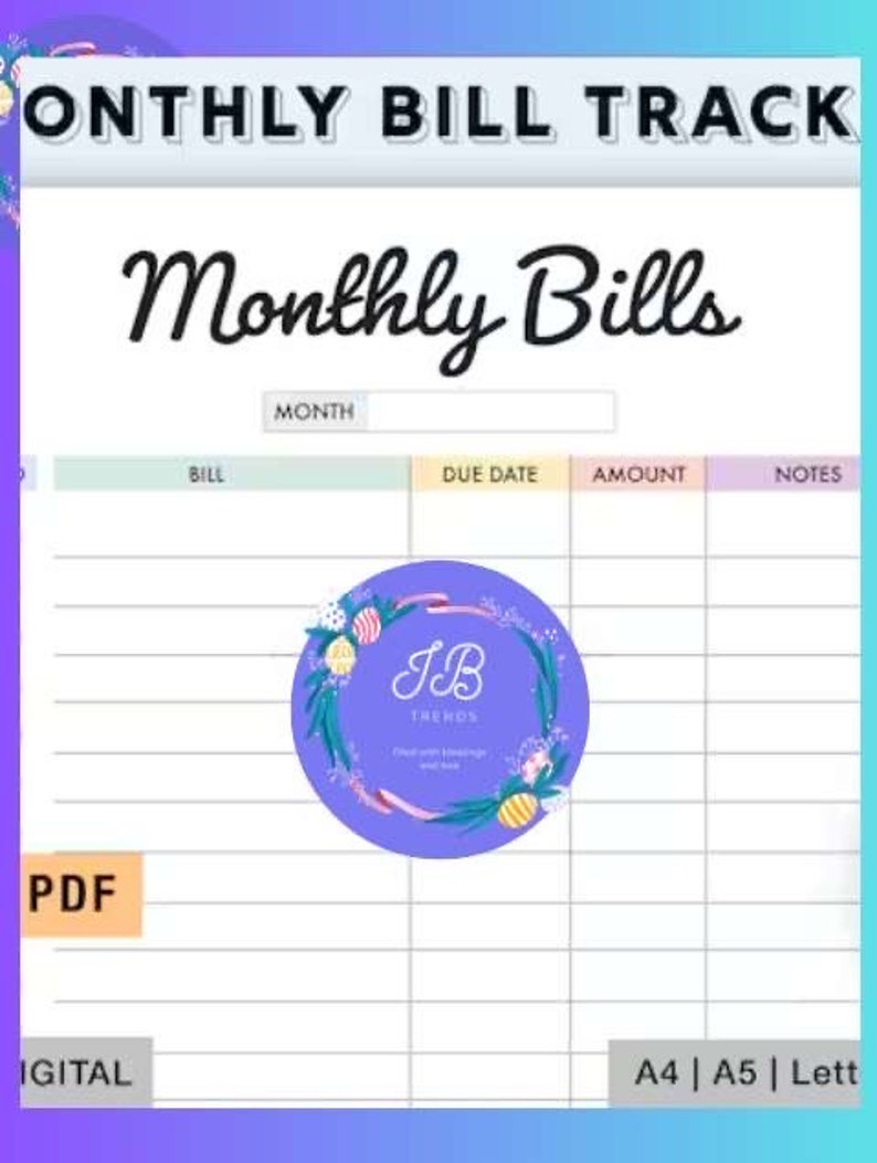 Monthly Bills Tracker Invoice Plan, Digital Printable Planner for ...