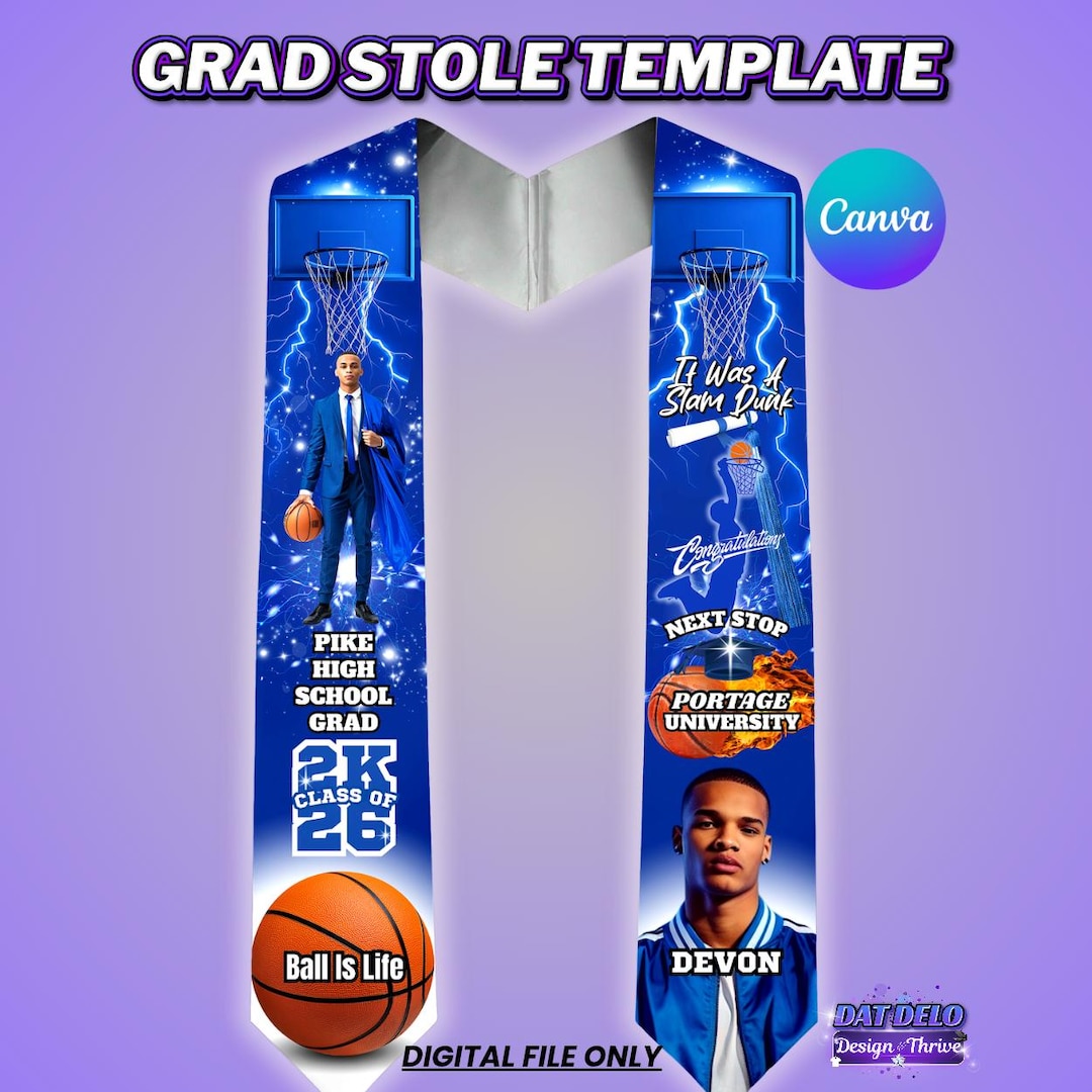 Blue Graduation Stole Template, Basketball Grad Stole, Athlete Sports ...