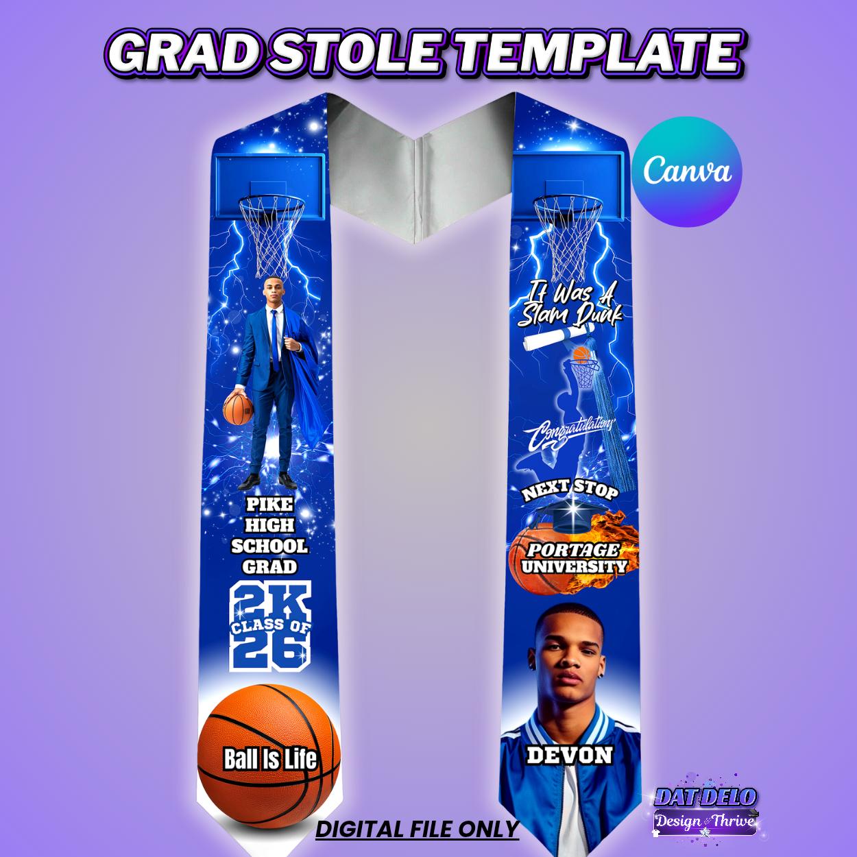 Blue Graduation Stole Template, Basketball Grad Stole, Athlete Sports ...