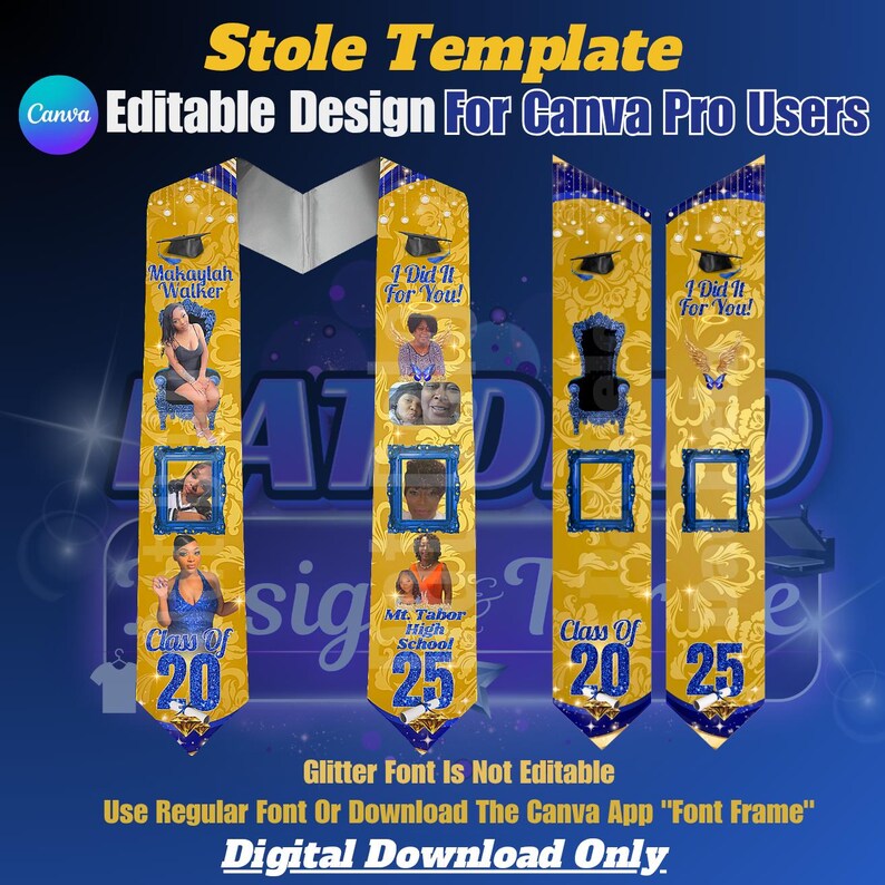 Gold Blue Graduation 2025 Stole Template Grad Sash Congratulations Name ...