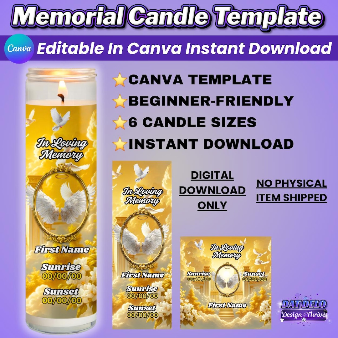 Yellow Memorial Candle Template Editable Canva Funeral Candle Design ...