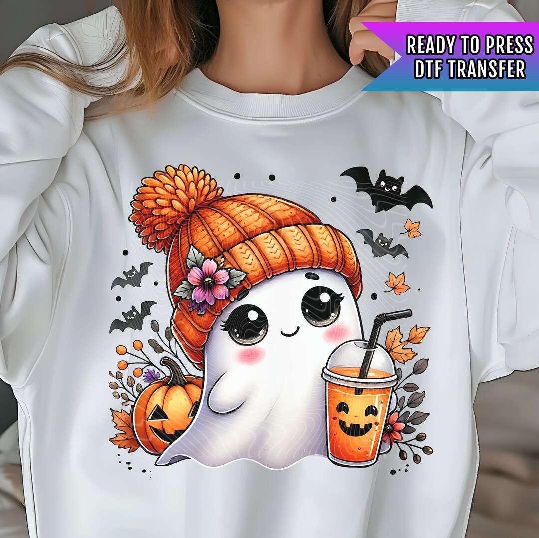 Cute Ghost Ready to Press, Halloween DTF Transfer, Ghost Ice Coffee ...