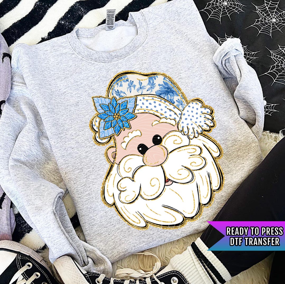 Blue Floral Santa Claus DTF Transfers Ready for Press, Christmas ...