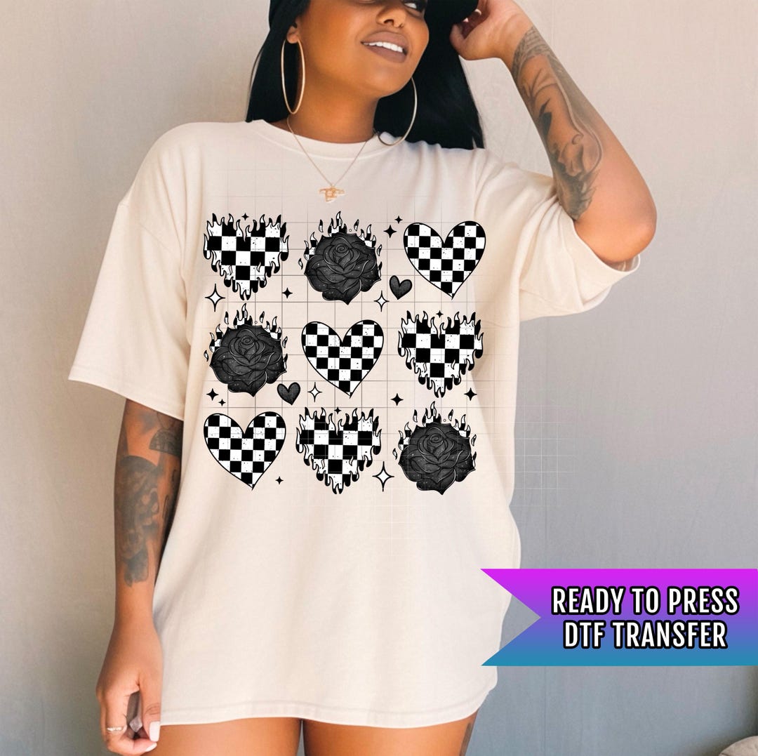 Checker Hearts Rose Grid DTF Transfers Ready for Press, Floral Heart ...