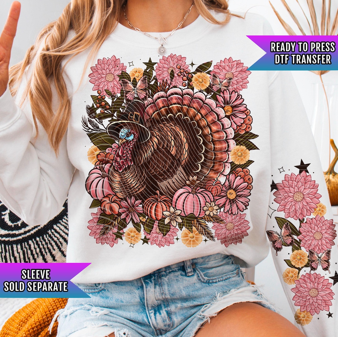 Floral Turkey DTF Transfers Ready for Press, Thanksgiving DTF Transfers ...