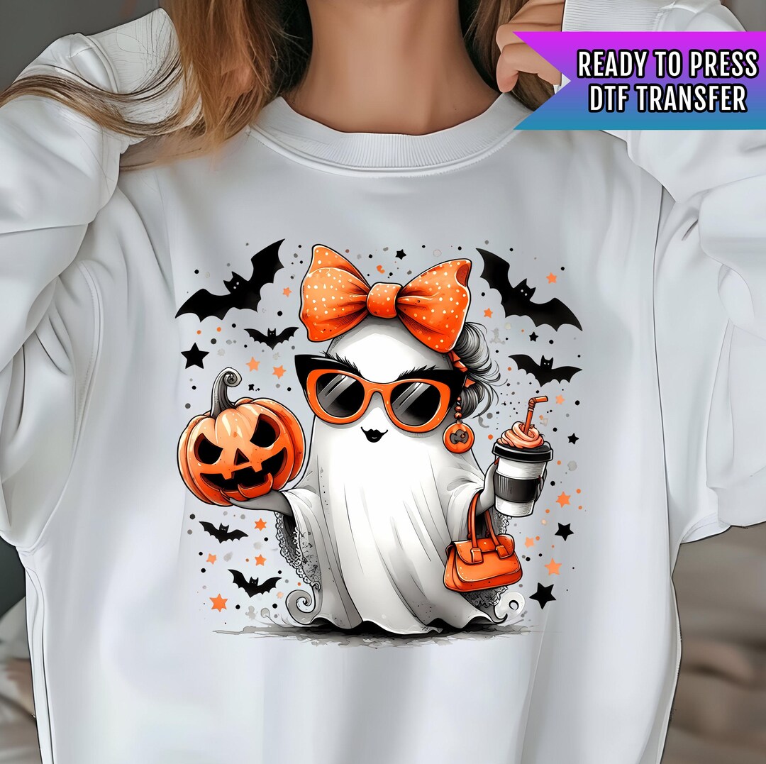 Cute Ghost Drinking Coffee Ready to Press, Halloween DTF Transfer, Bats ...
