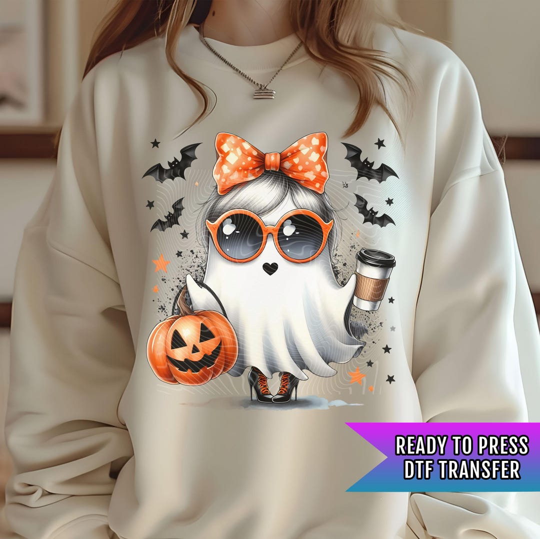 Cute Ghost Drinking Coffee Ready to Press, Halloween DTF Transfers ...