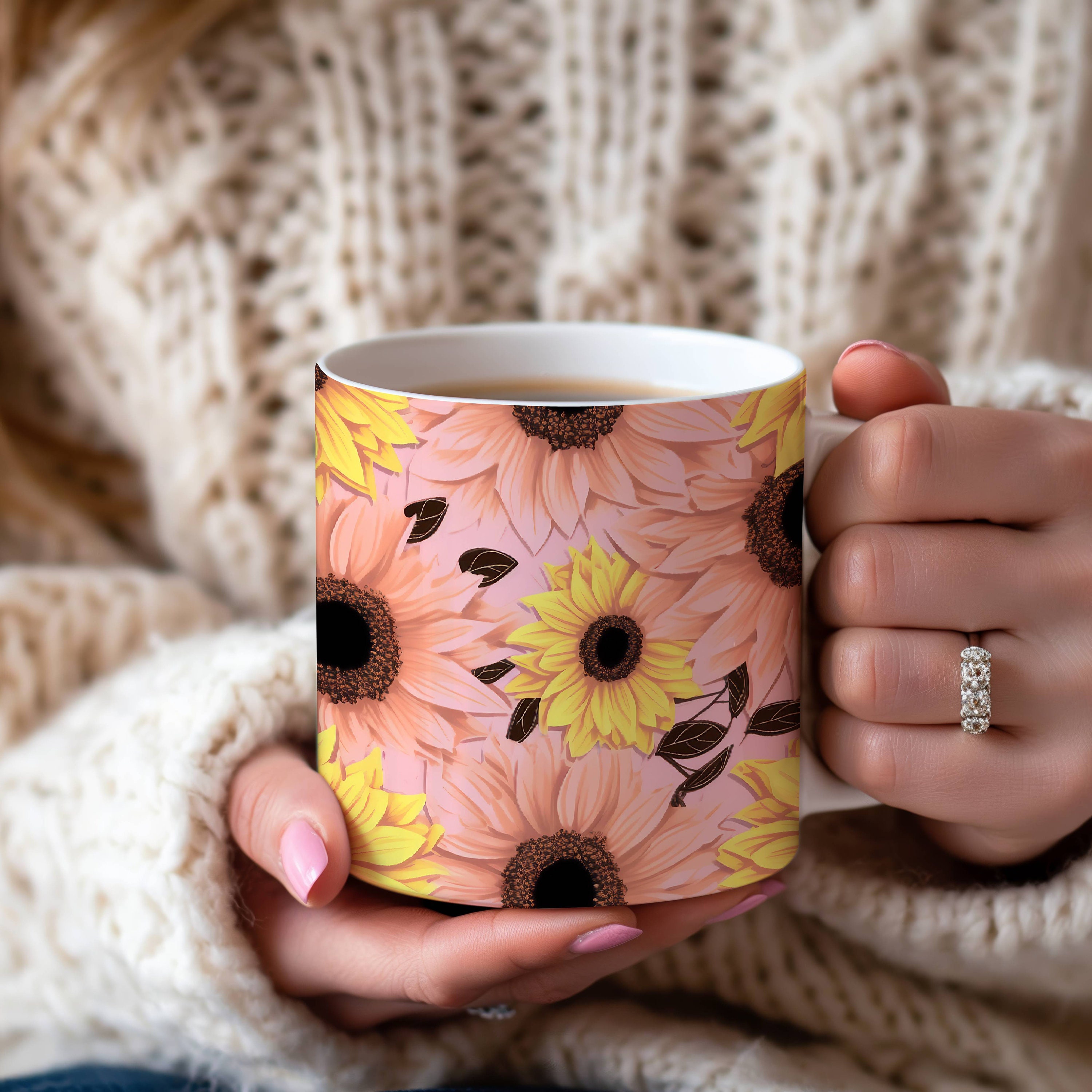 Sunflower Mug Floral Ceramic Mug Artistic Flower Print Coffee Cup ...