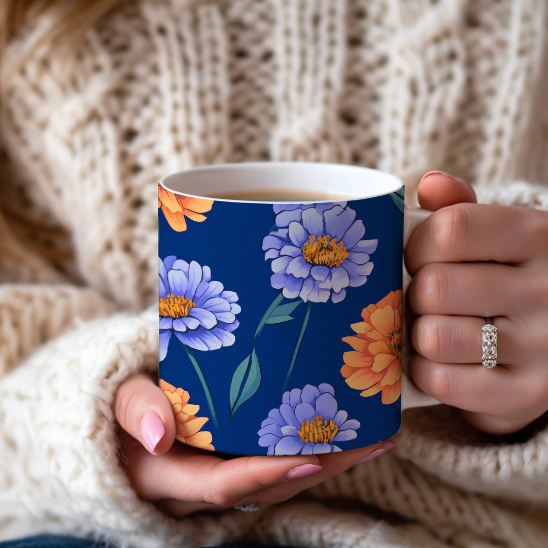 Zinnia Flowers Blue Mug, Pressed Flowers Mug, Boho Wildflowers Coffee ...