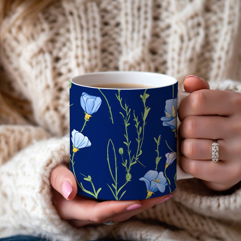 Blue Canterbury Bells Flowers Mug, Pressed Flowers Mug, Boho ...
