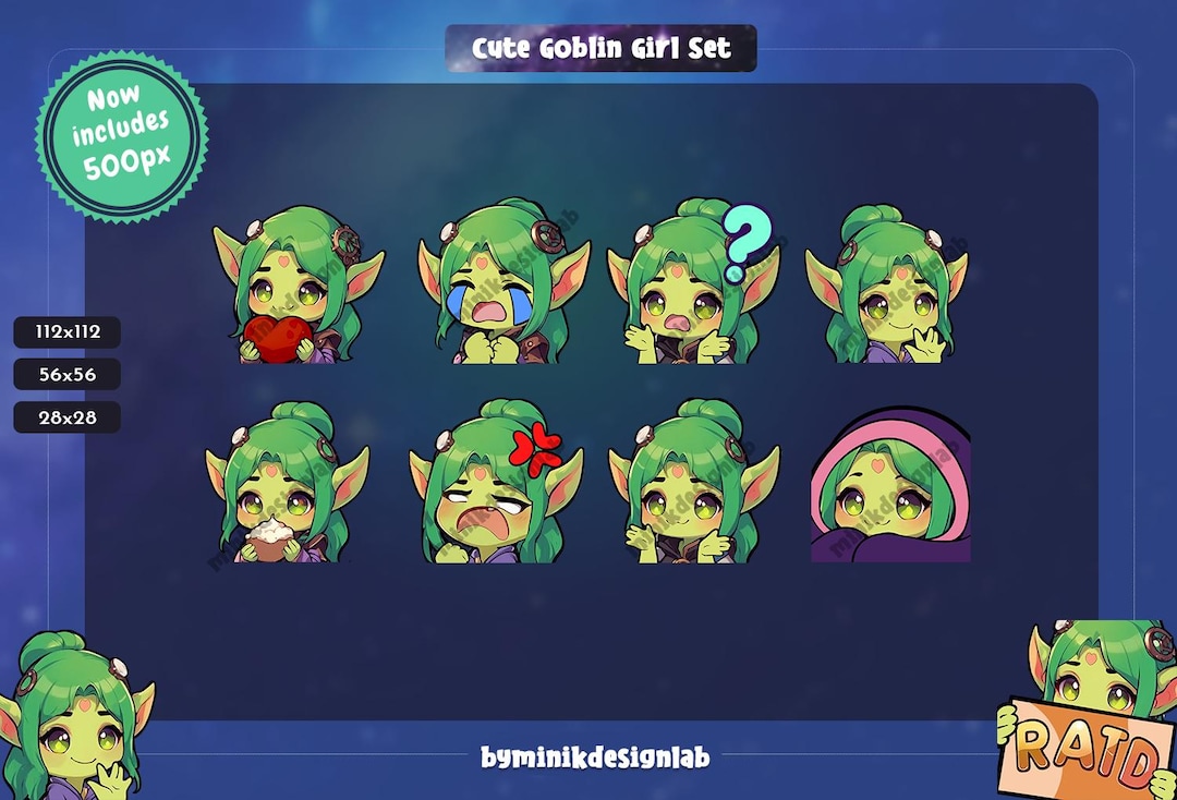 Cute Goblin Girl Emote Set for Twitch, Kick and Discord Gamer Emoji ...