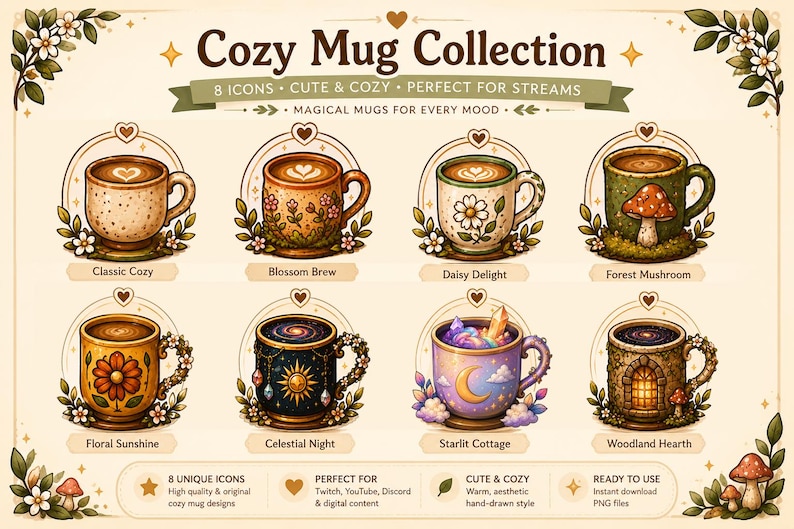 Cozy Mug Stream Badges | Cottagecore Floral Discord Icons (digital ...