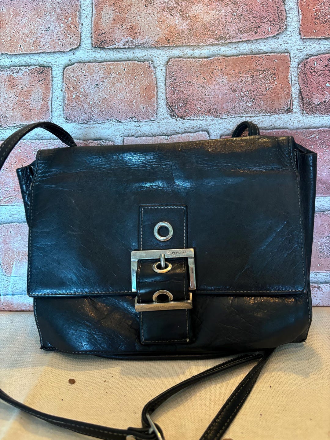 Vintage Black Leather Perlina Crossbody Purse - Etsy