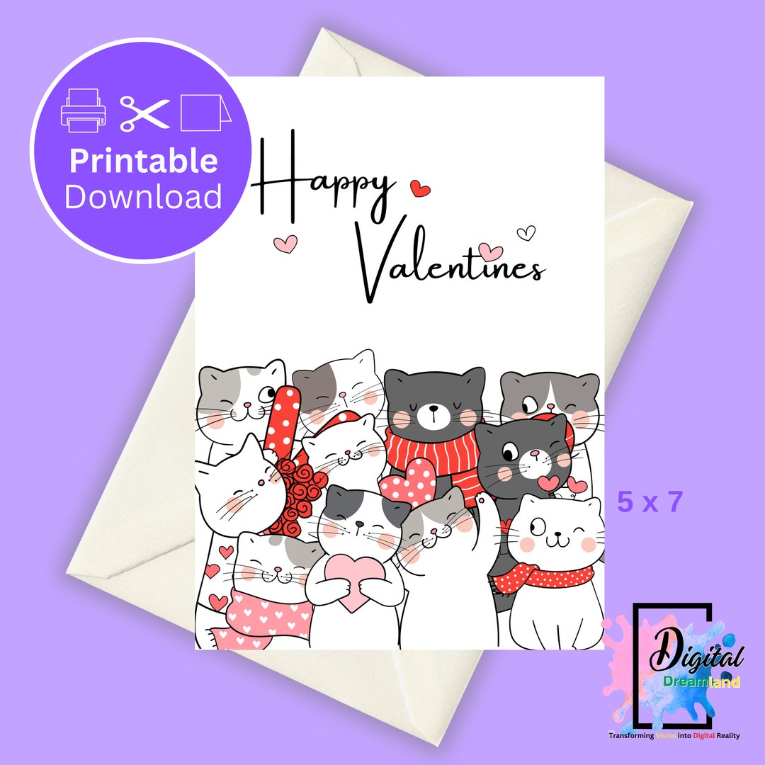 Printable Cat Valentine's Day Cards for Kids and Adults, Instant ...