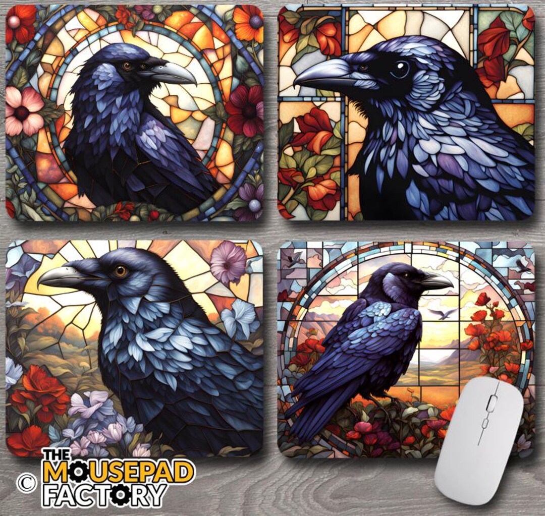 Raven Fantasy Art ~ Mouse Pad / PC Mousepad ~ Vivid Stained Glass ...