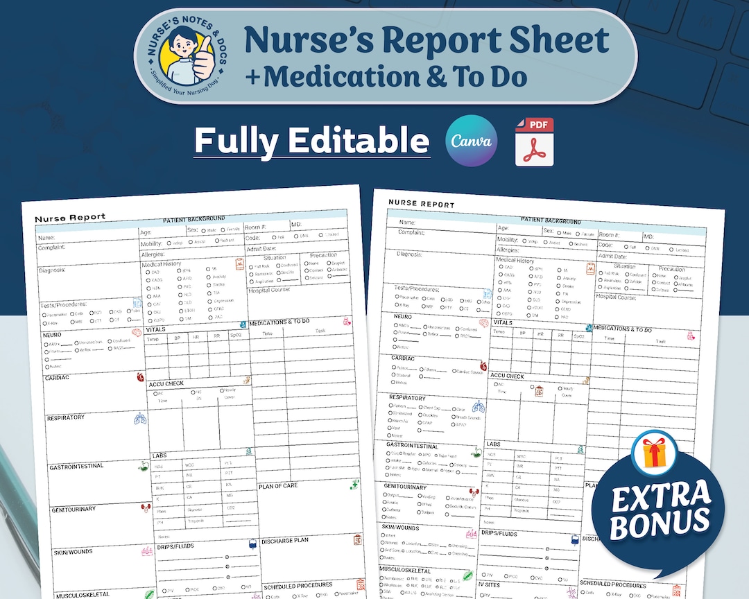 ICU Nurse Report Sheet: Editable Med-surg Patient Report (canva & PDF ...