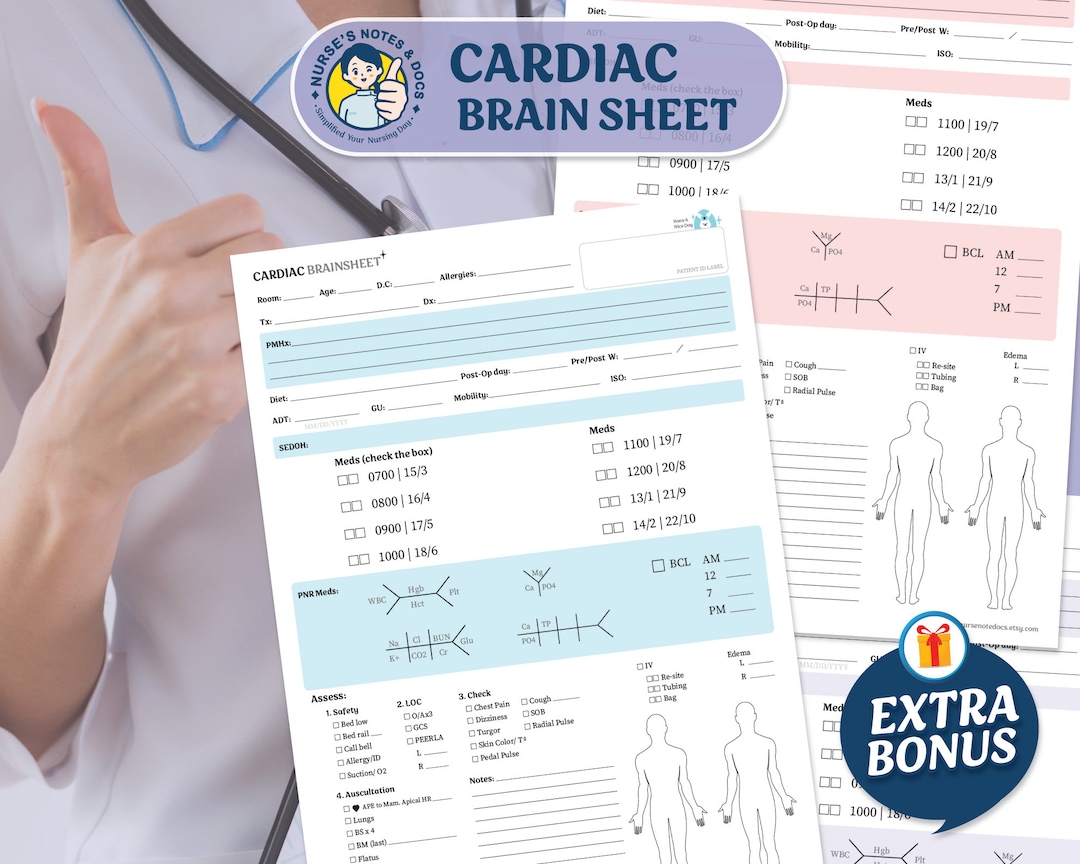 Cardiac Brain Sheet, RN ICU Report Sheet, Critical Care Report Sheet ...