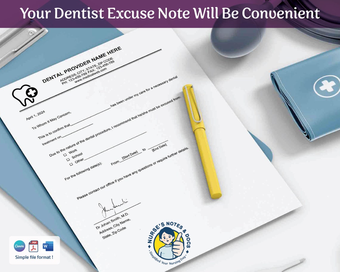 Editable Dentist Excuse Note Template: Dr. Note for Work/school (canva ...