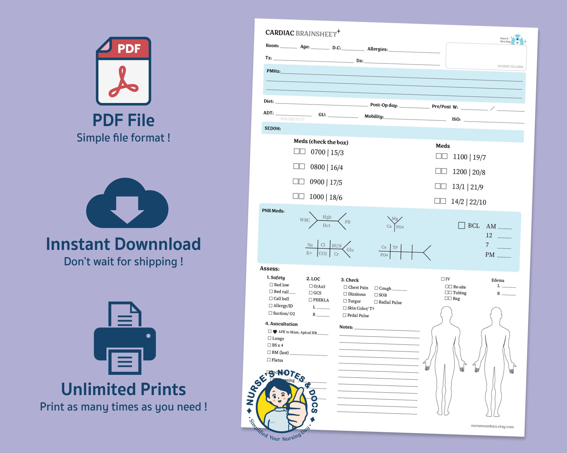 Cardiac Brain Sheet, RN ICU Report Sheet, Critical Care Report Sheet ...