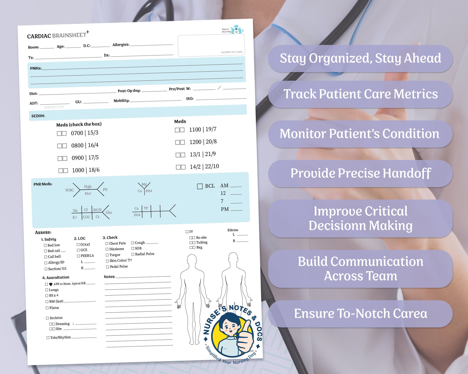 Cardiac Brain Sheet, RN ICU Report Sheet, Critical Care Report Sheet ...