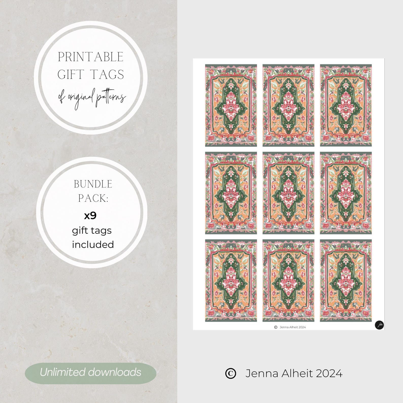 X9 Bundle of Printable Rectangular Gift Tags With Original Vintage Rug ...