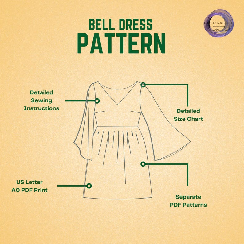 Bell Sleeve Mini Dress Sewing Pattern, A-line V-neck Long Tunic PDF ...