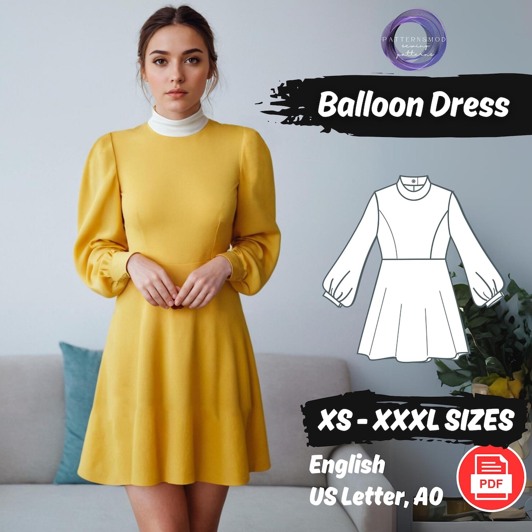 Puff Sleeve Dress Sewing Pattern, Funnel Collar Dress Pattern, Fairy ...