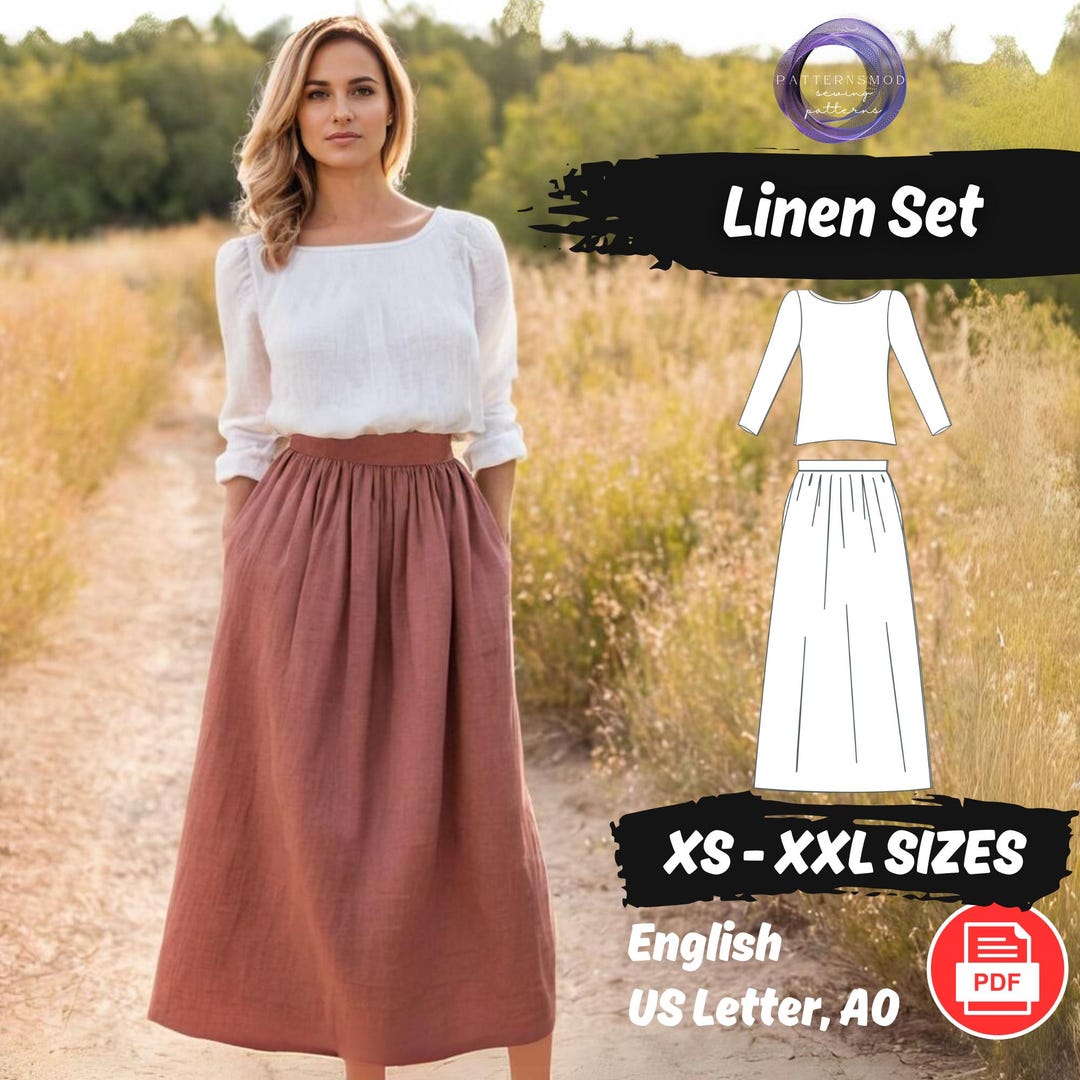 Loose Linen Blouse Maxi Skirt Sewing Pattern Set Pockets Puff Sleeve ...