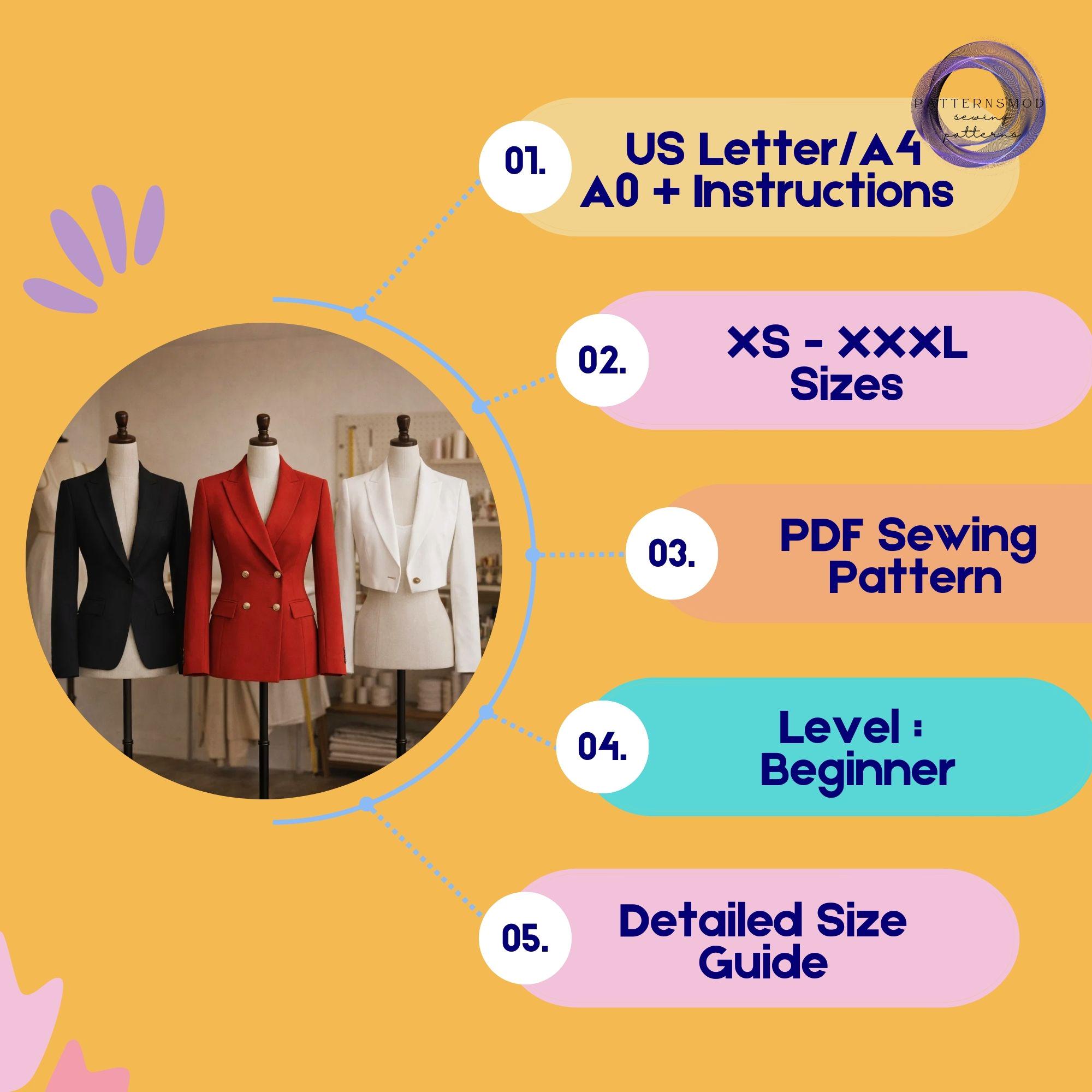 Women Blazer Sewing Pattern Set of 3 Classic Cropped Jacket Tutorial XS ...