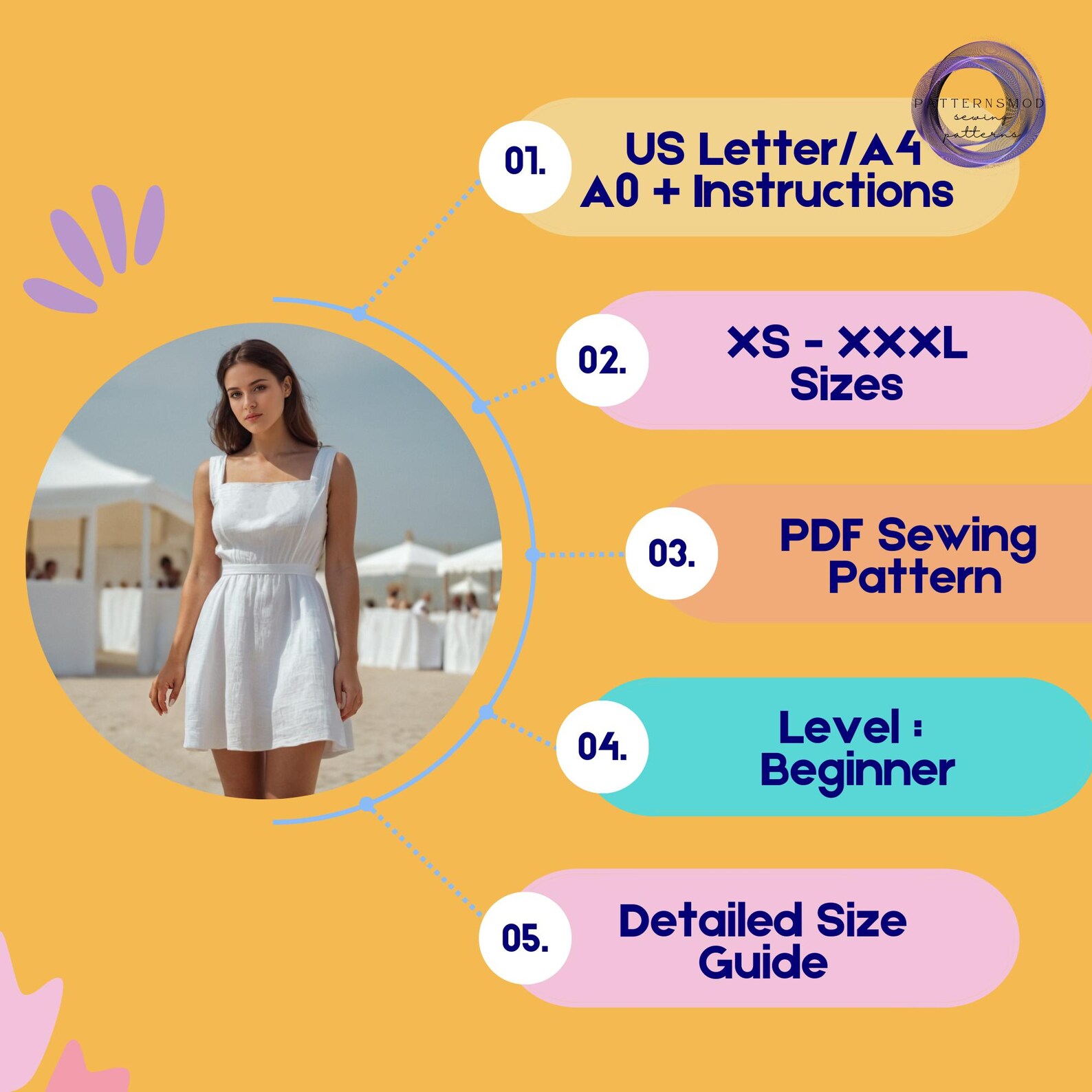 Summer Linen Dress Sewing Pattern, Square Neck Dress Pattern, Loose ...