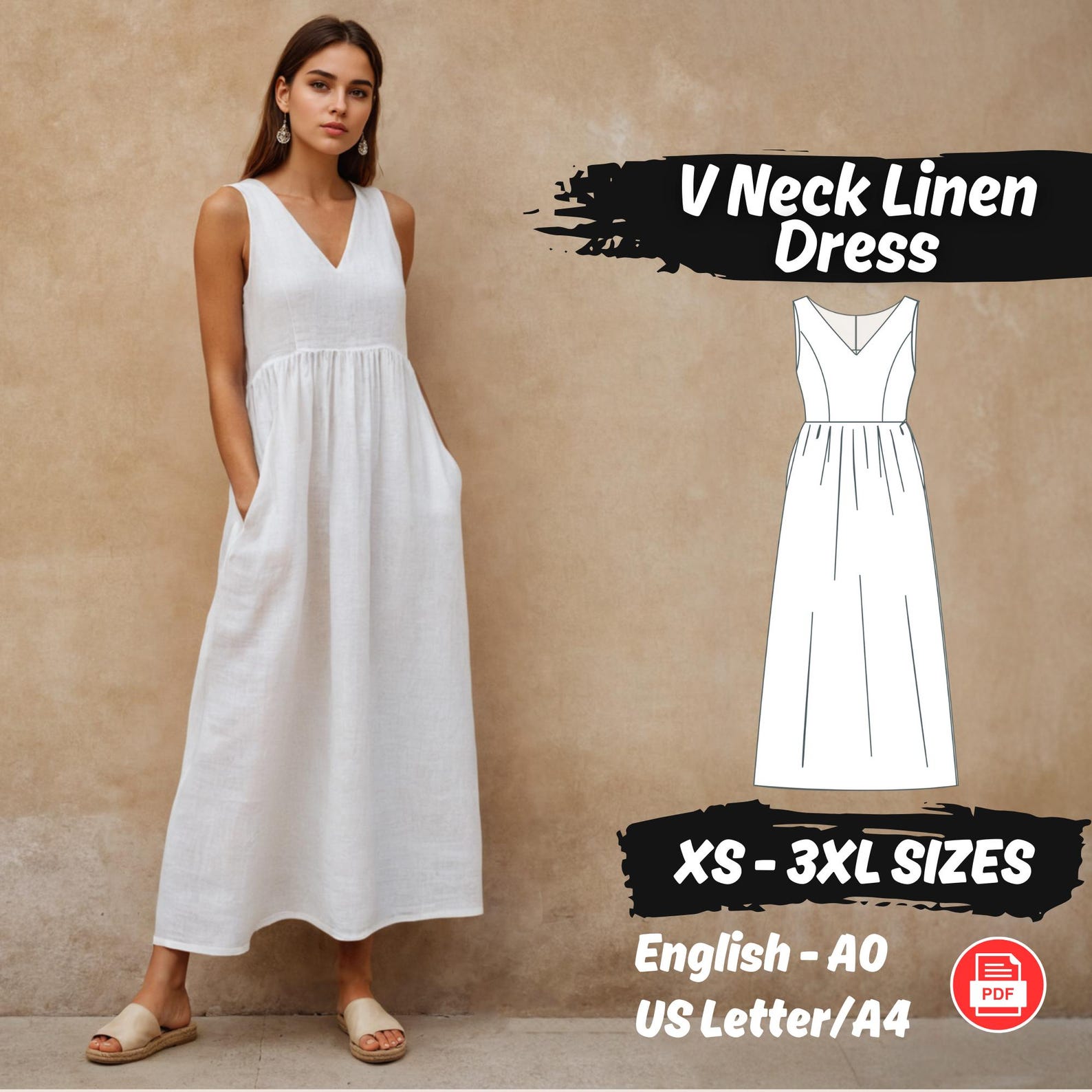Maxi Linen Dress Sewing Pattern, Sleeveless V Neck DIY Outfit With ...