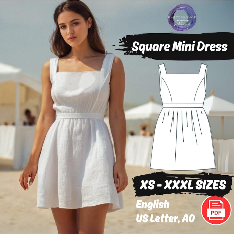 Summer Linen Dress Sewing Pattern, Square Neck Dress Pattern, Loose ...