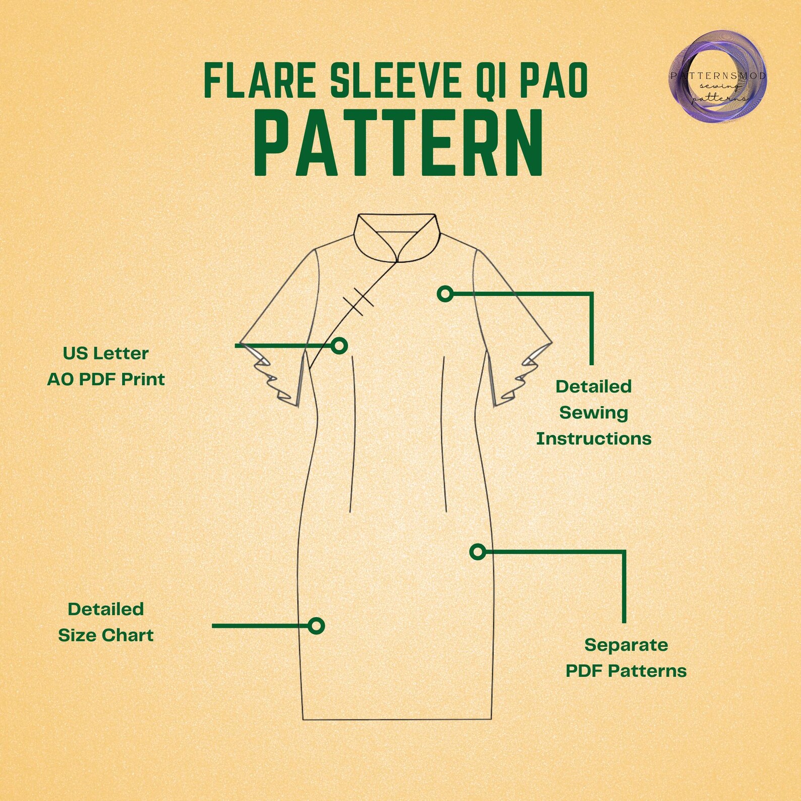 Flare Sleeve Qi Pao Sewing Pattern, Women's Floral Cheongsam Dress PDF ...