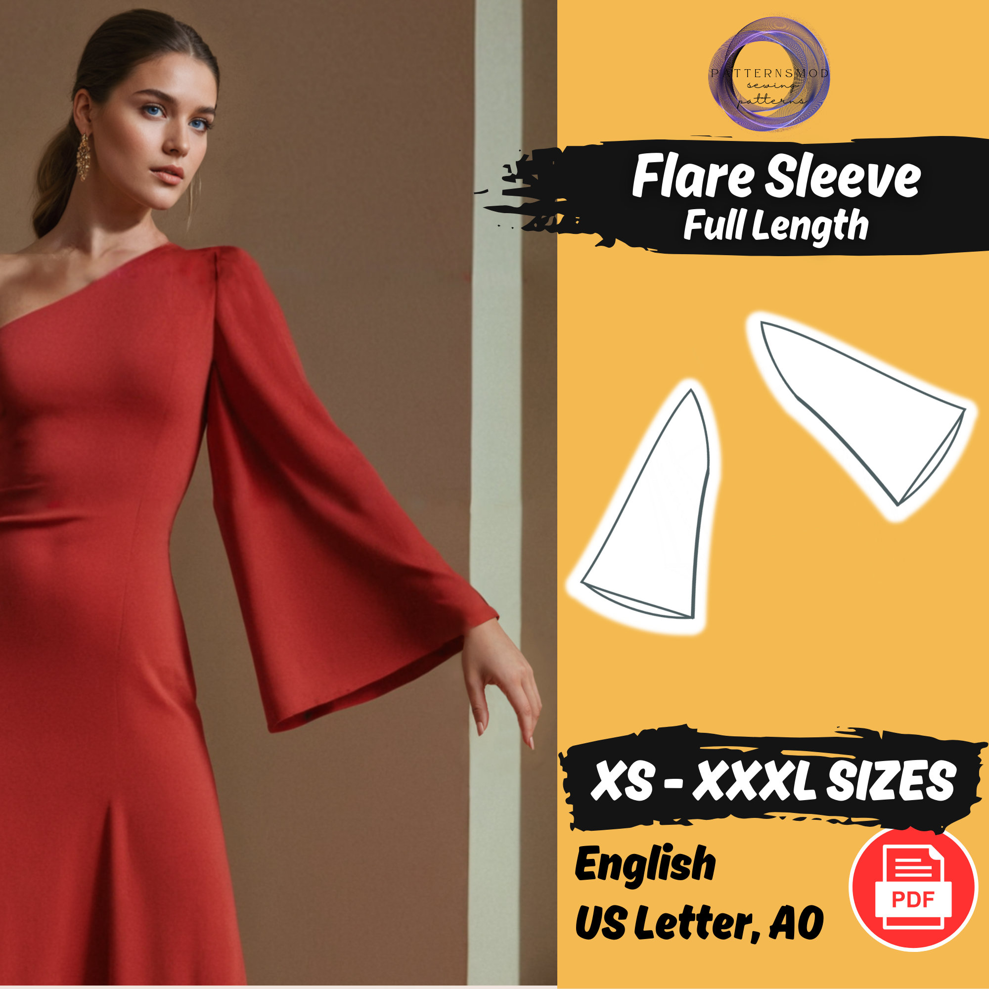 Flare Sleeve Sewing Pattern Full Length Angel Sleeve Pattern XS-XXXL ...